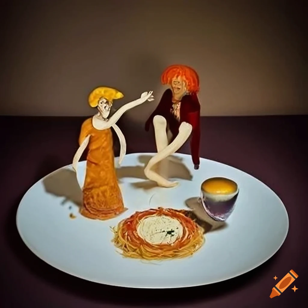 Whimsical scene with spaghetti couple dancing on a plate on Craiyon