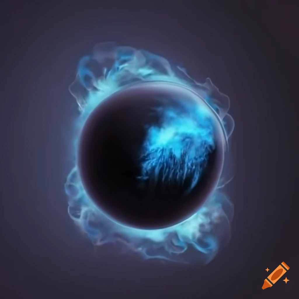 Black ball with blue mist levitating in a dark forest with dark flame ...