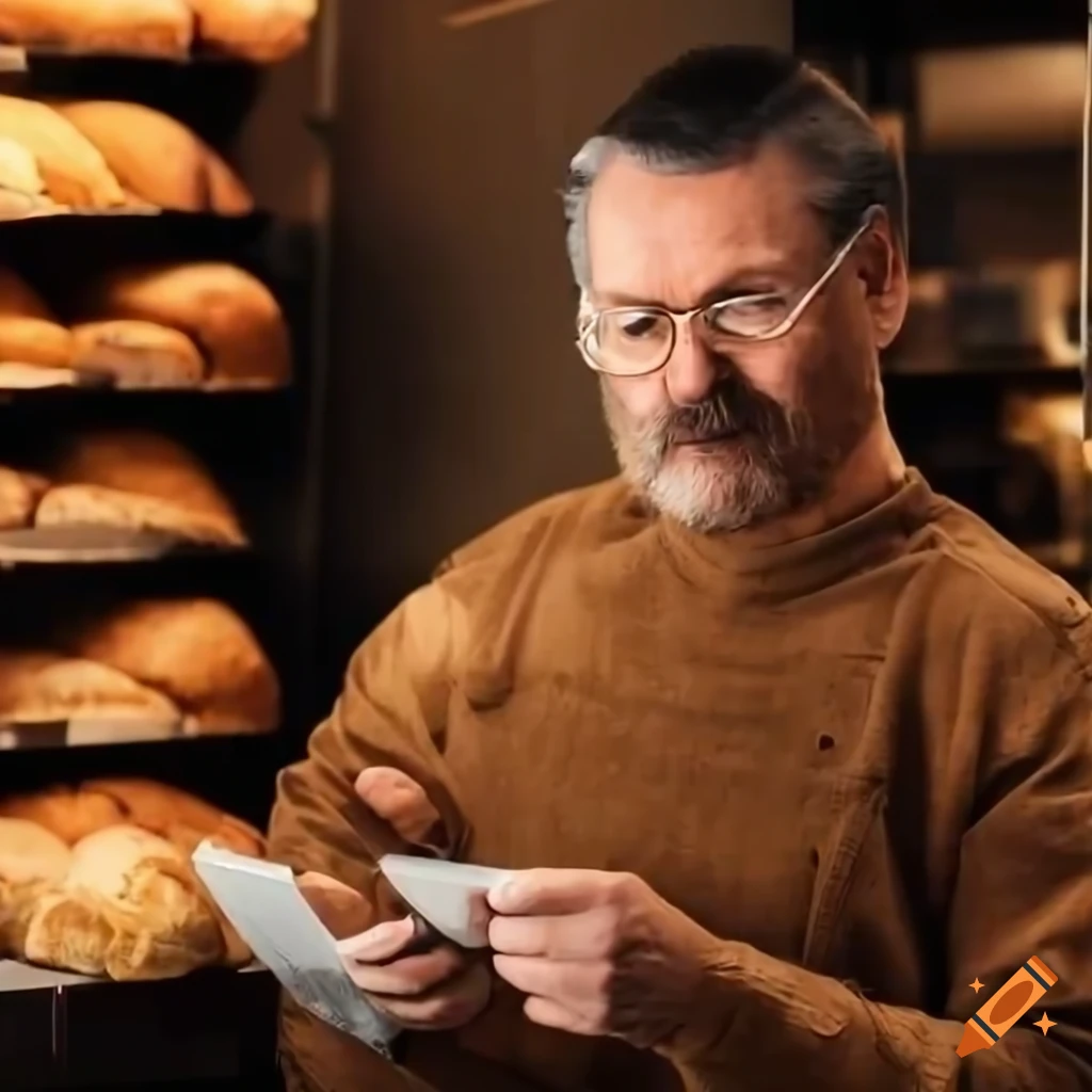 Middle-aged man with calculating expression in a bakery with stale ...