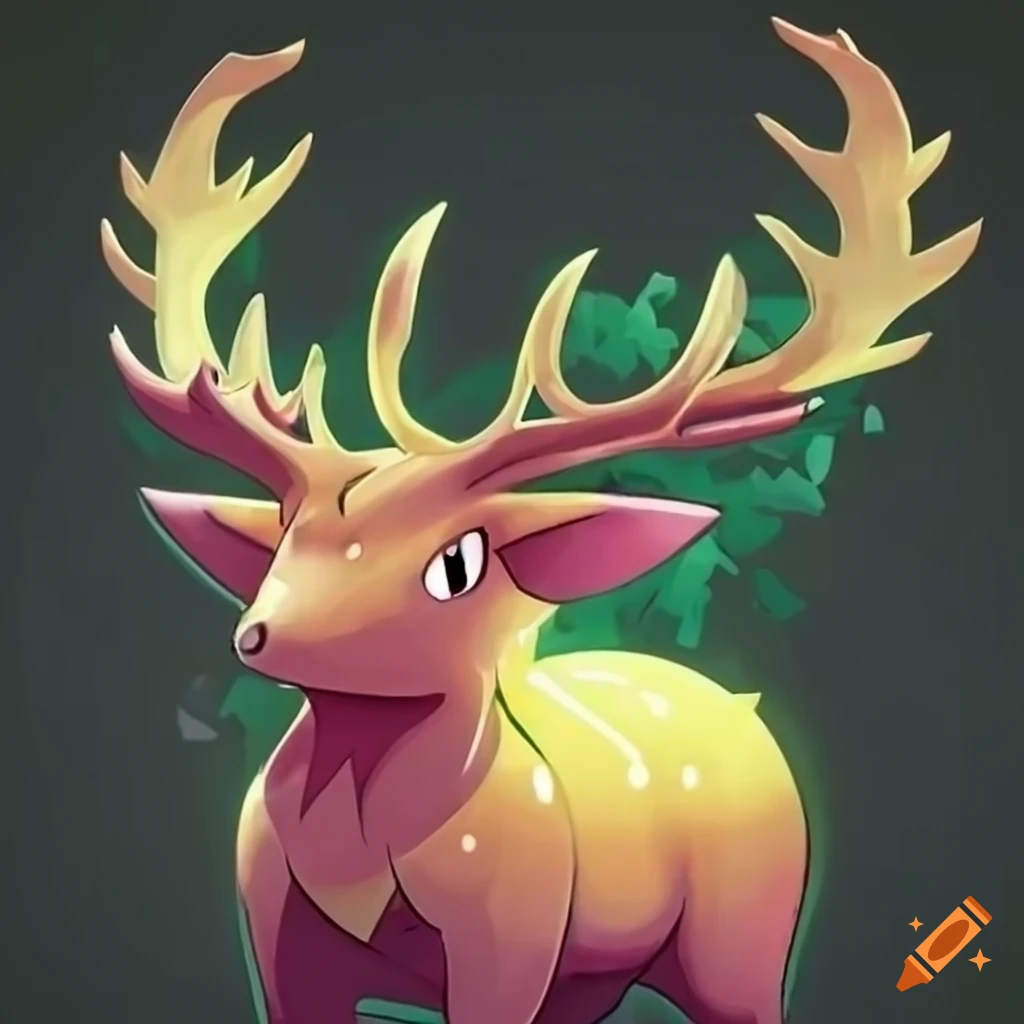 Grass-type elk Pokemon with antlers resembling Zia symbol on Craiyon