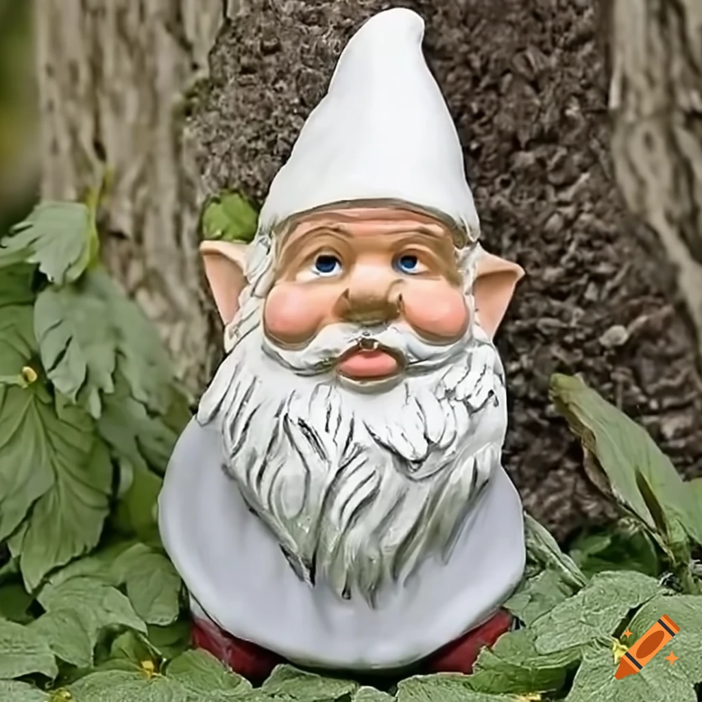 Garden gnome with pointy white hood in a European setting on Craiyon