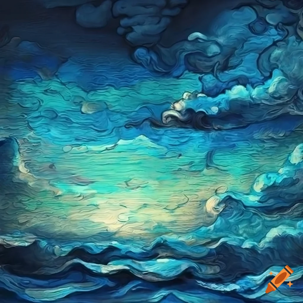 Patchwork painting of ocean with magical clouds in medieval setting on ...