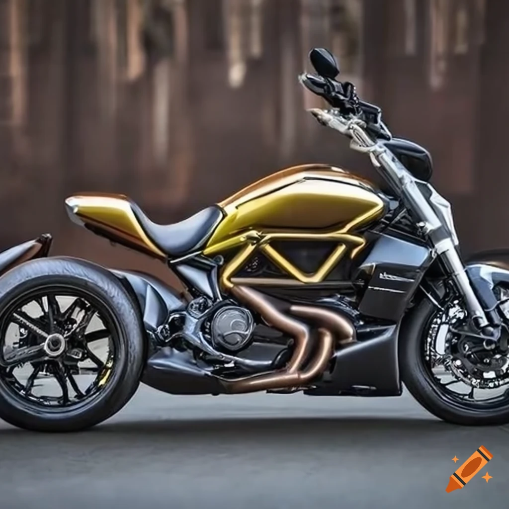 Custom-designed Ducati Xdiavel in satin gold from a rear angle on Craiyon
