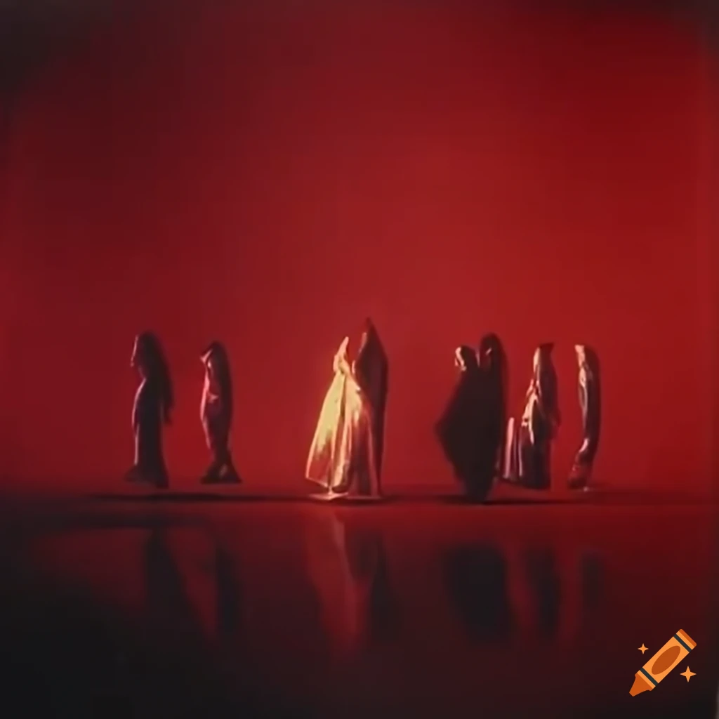 Group of people in large veiled robes in a red room captured in 1980s ...