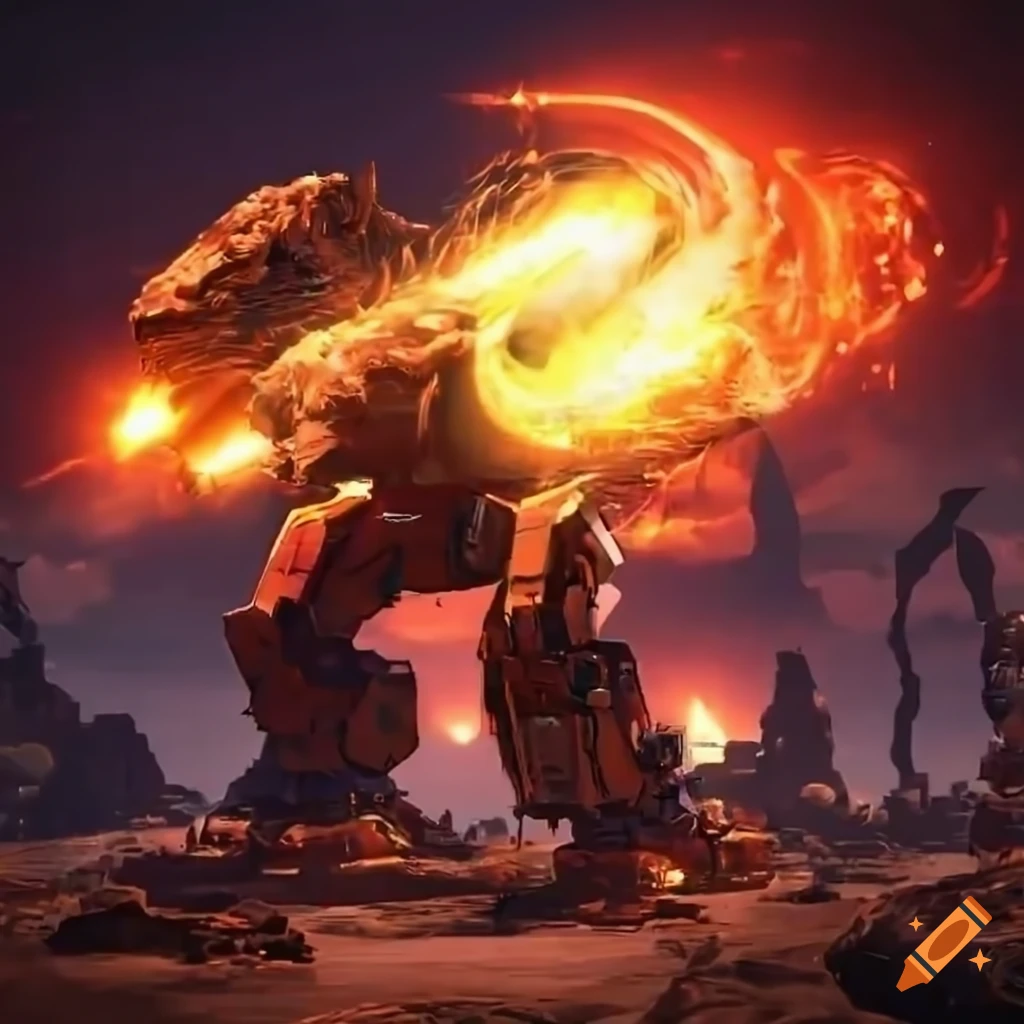 Mech showdown on a fiery planet with explosion and energy beam on Craiyon
