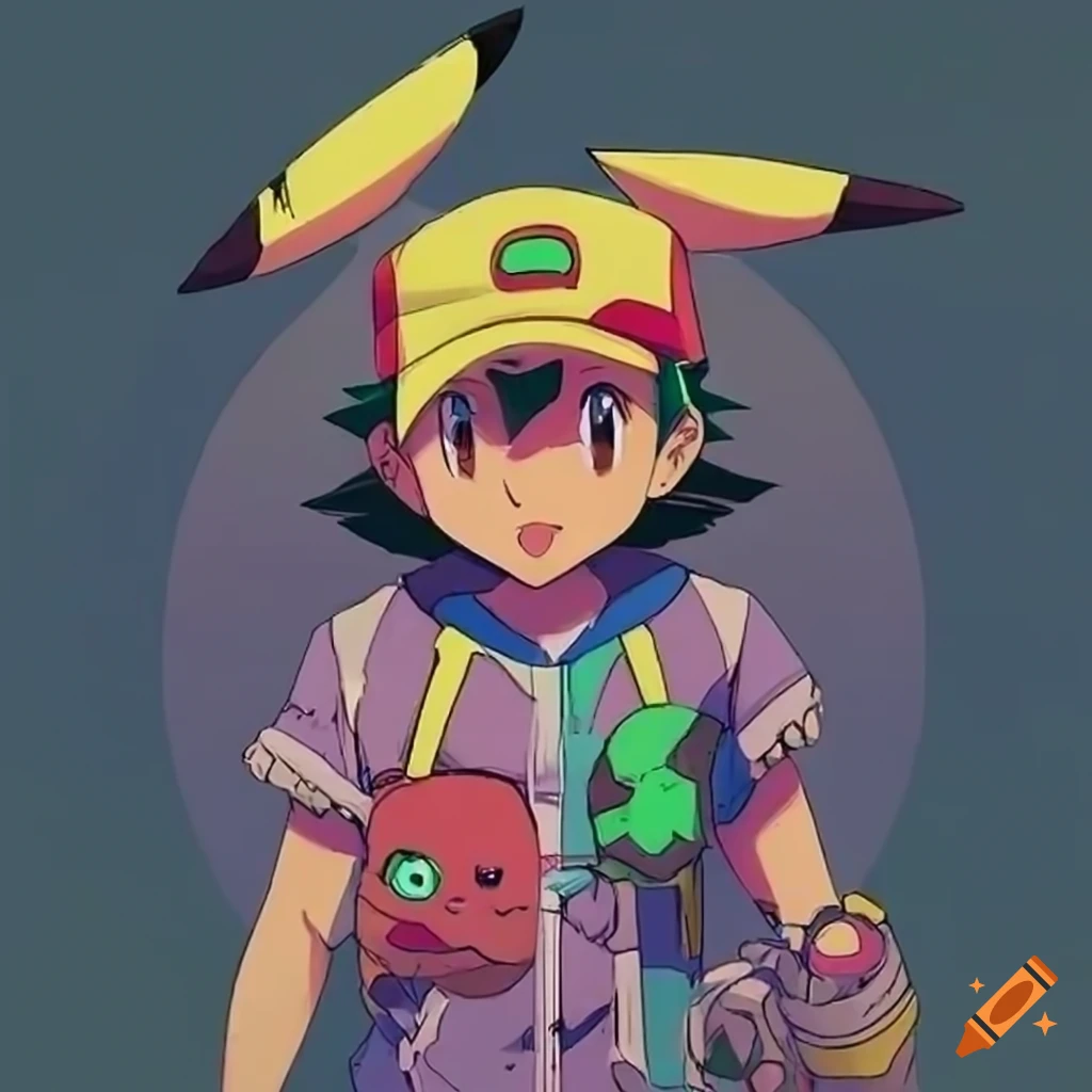 Retro-futuristic Pikachu and Ash as cyborg duo in anime art style on ...