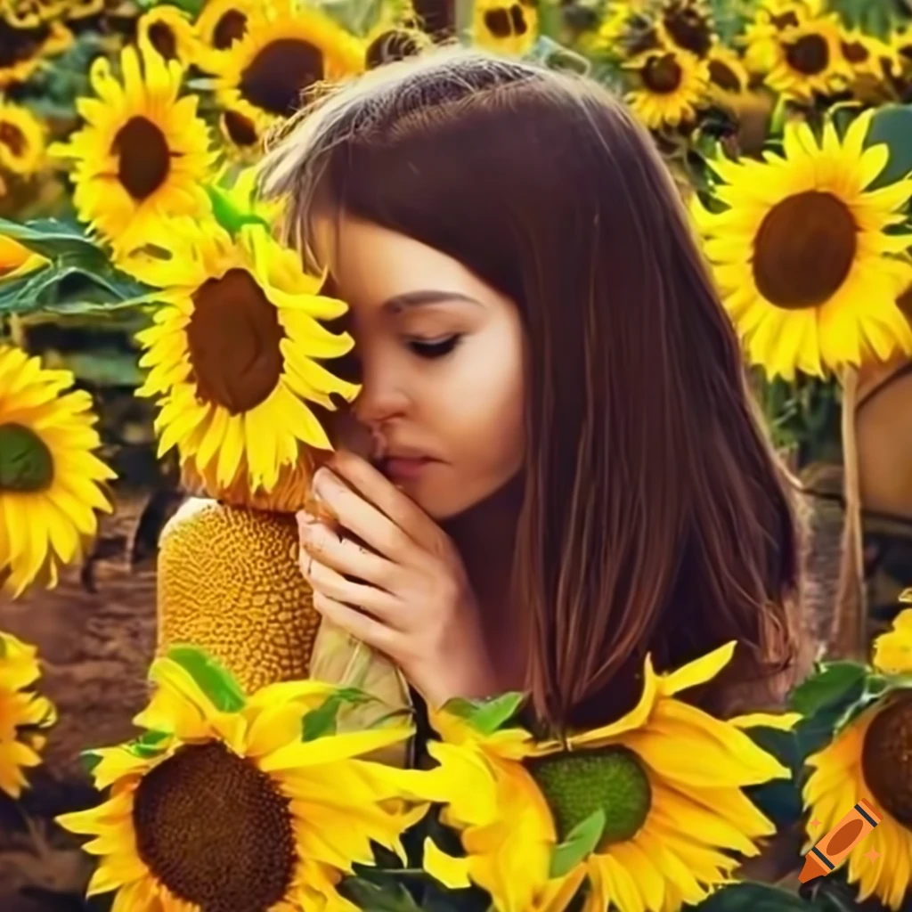 Beautiful girl with a handful of sunflowers on Craiyon