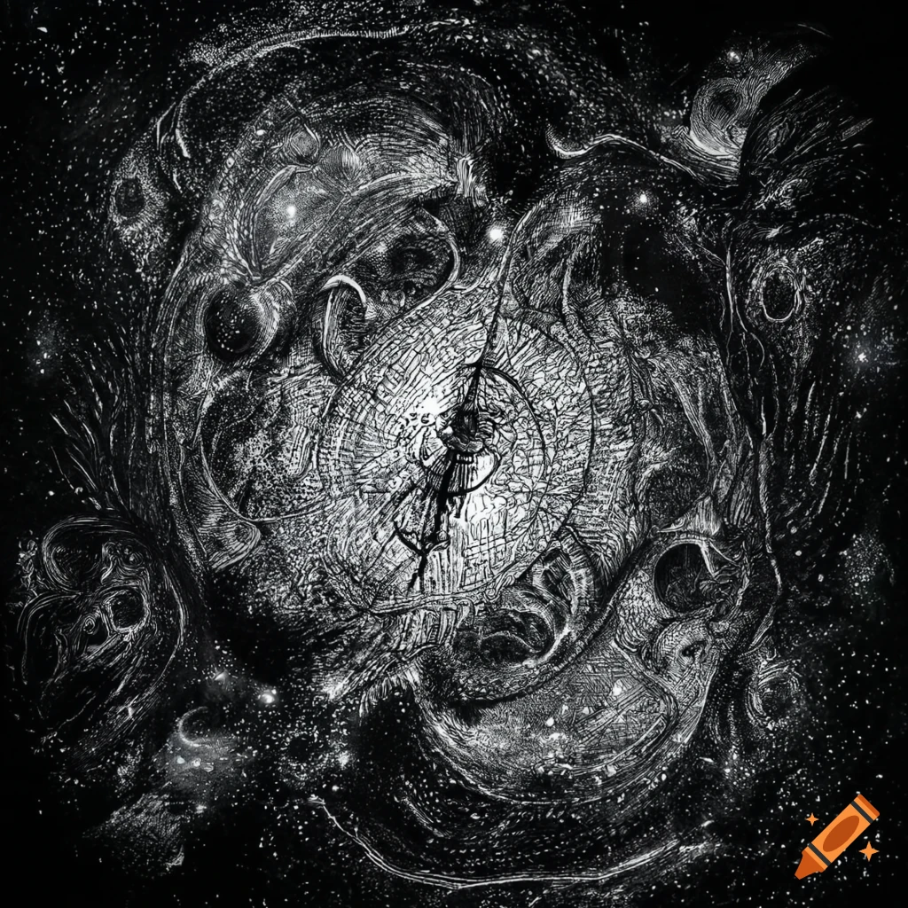 Concept of time in cosmic void in detailed black and white etching on ...
