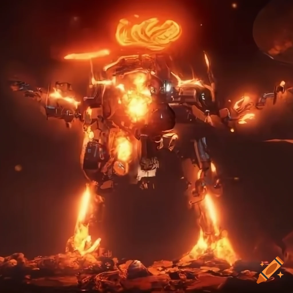 Mech showdown on a fiery planet with explosion and energy beam on Craiyon