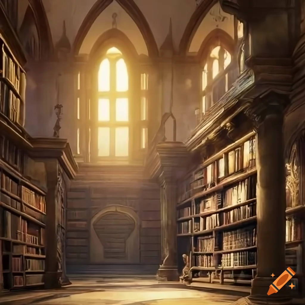Interior of a medieval library with sunlight through tall windows ...