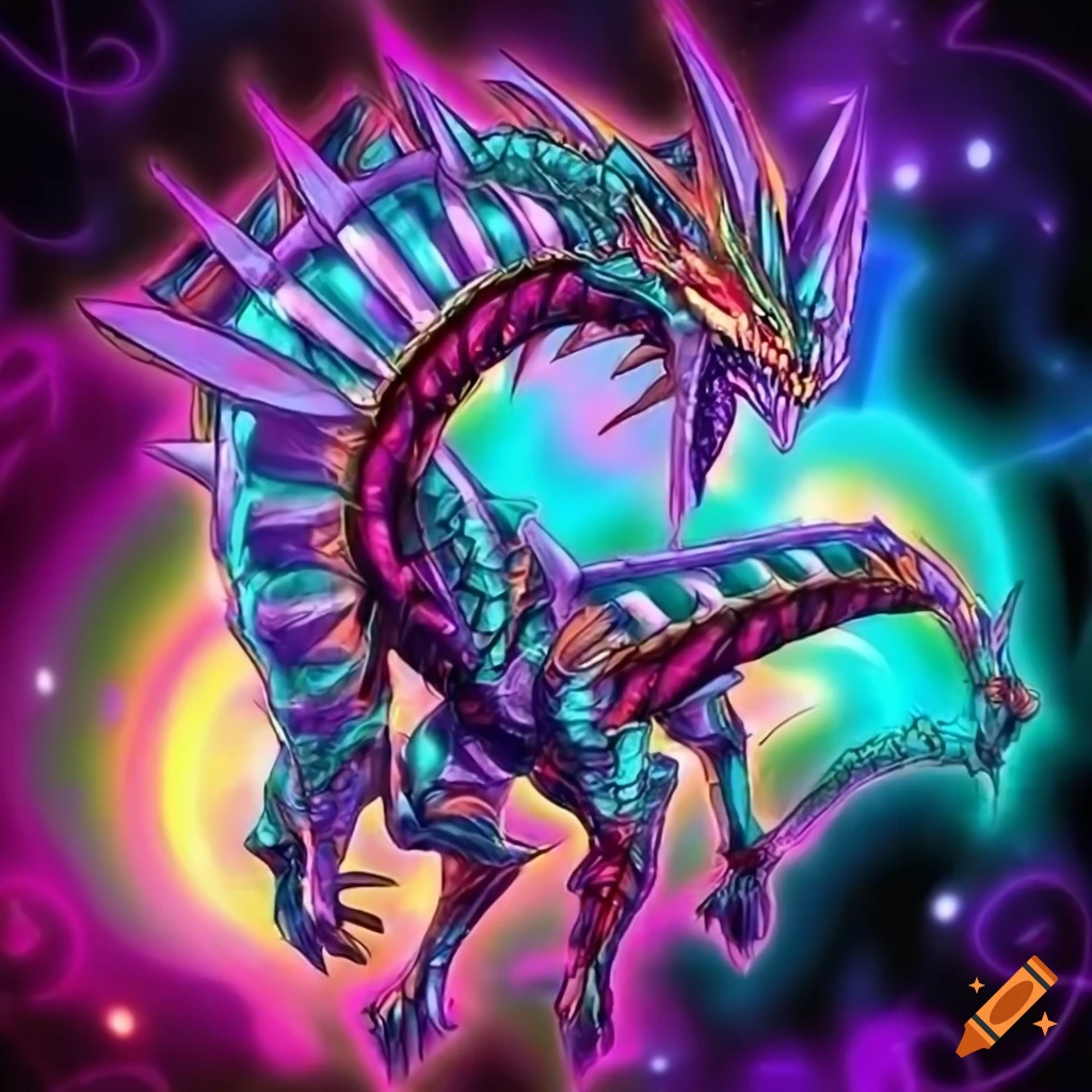 Vibrant Rainbow Dragon Yugioh monster card with an ethereal aura on Craiyon
