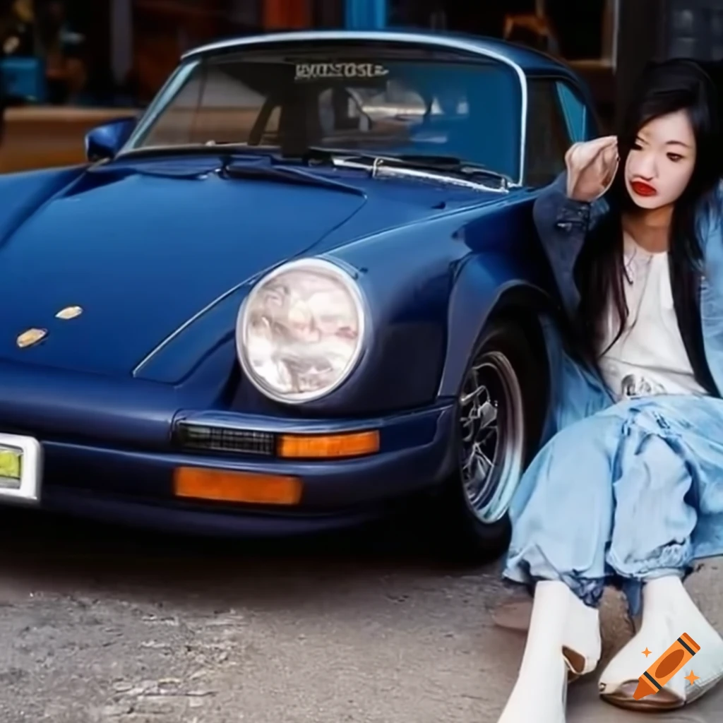 Vintage Porsche parked next to fashionable Asian girl in oversized ...
