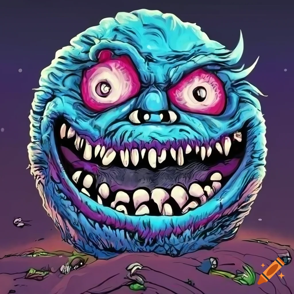 80s cartoon artwork of a blue monster face inspired by madballs on Craiyon