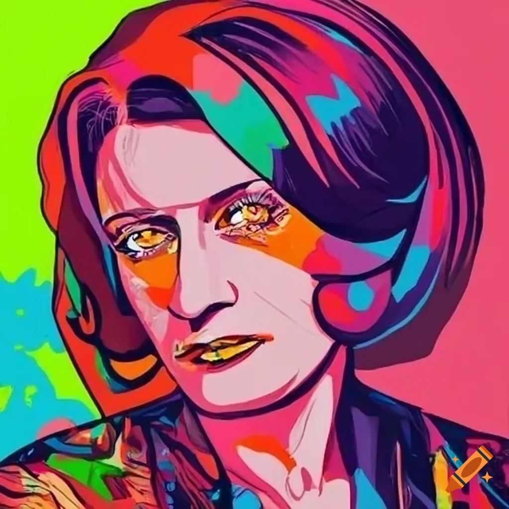 Portrait of Ayn Rand in a colorful pop art comic book style on Craiyon