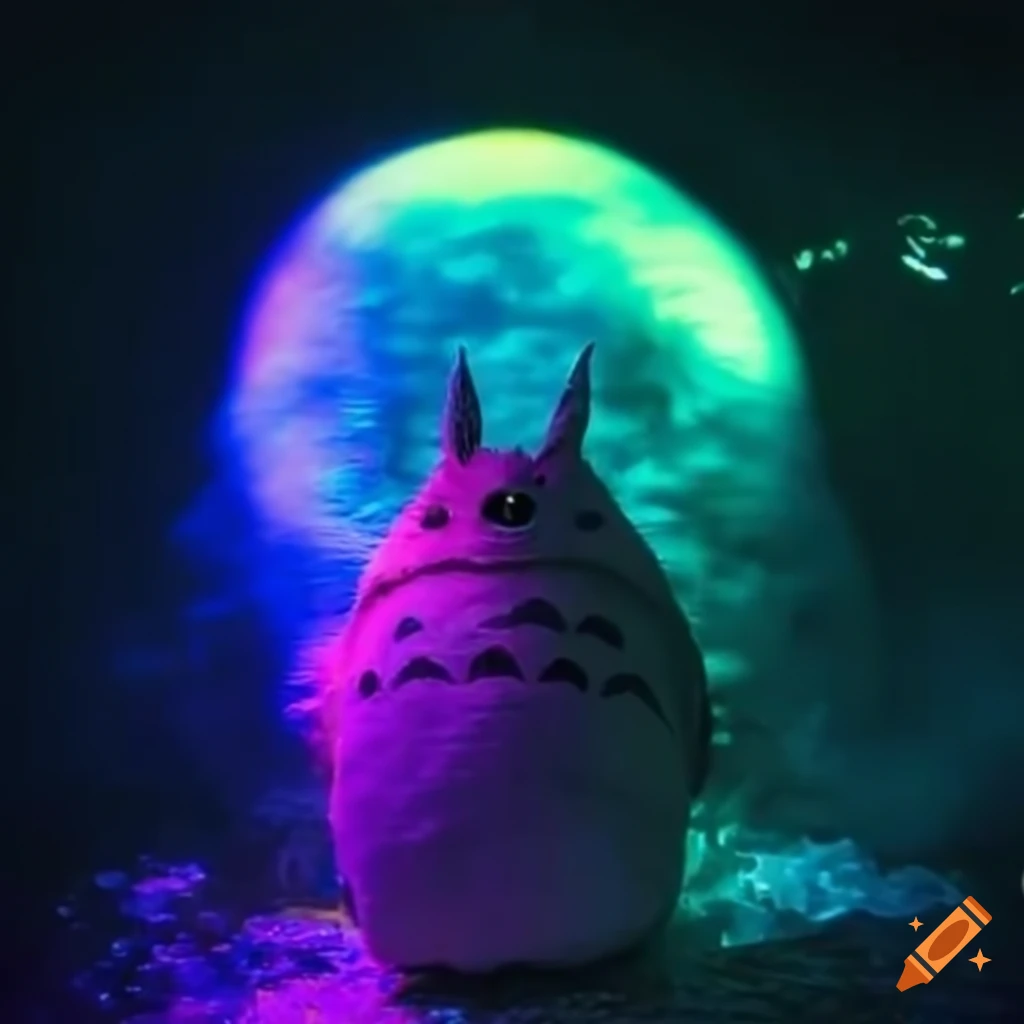 Totoro dancing in an underwater disco with bright colors and dry ice on ...