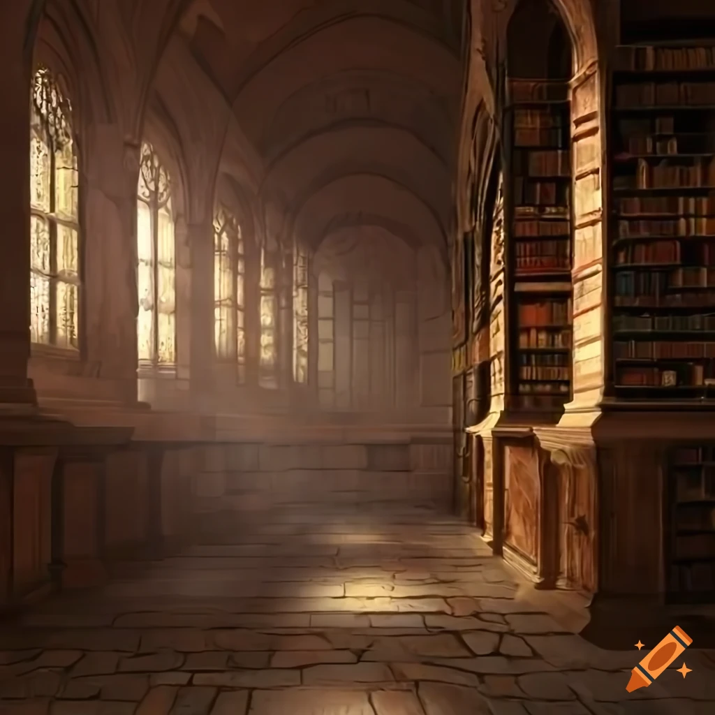 Abstract expressionistic image of medieval library with sunbeams ...