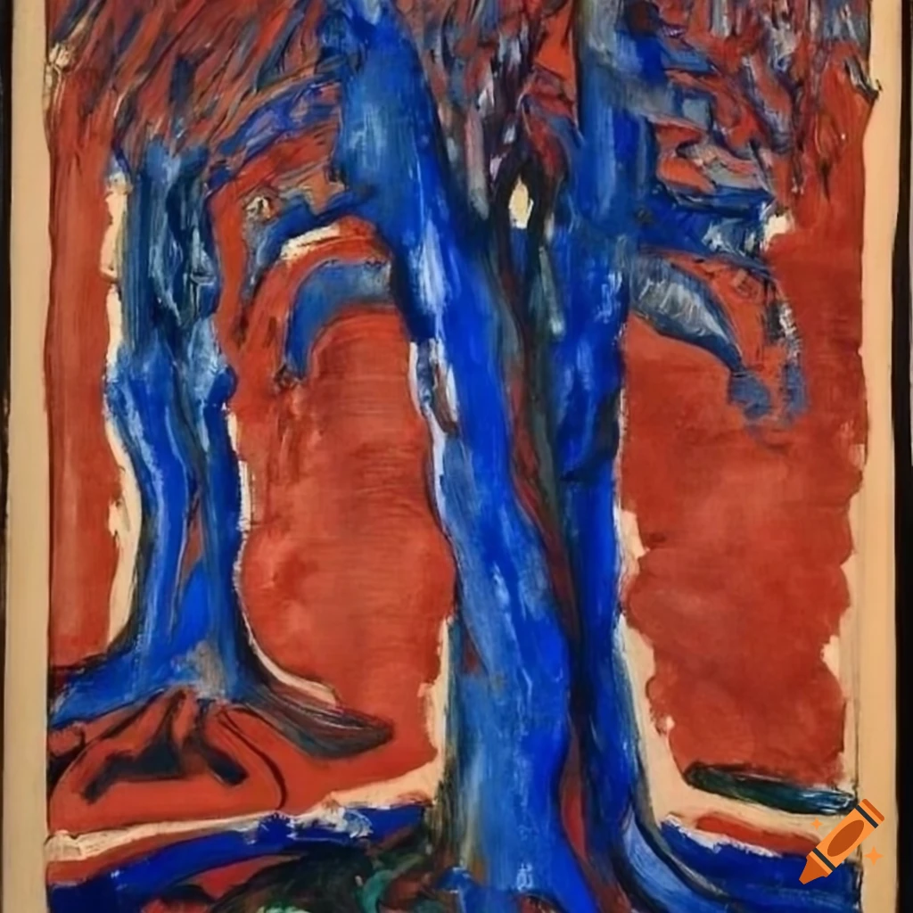 Proud dramatic trees landscape art in blue, sand, and wine red tones on ...