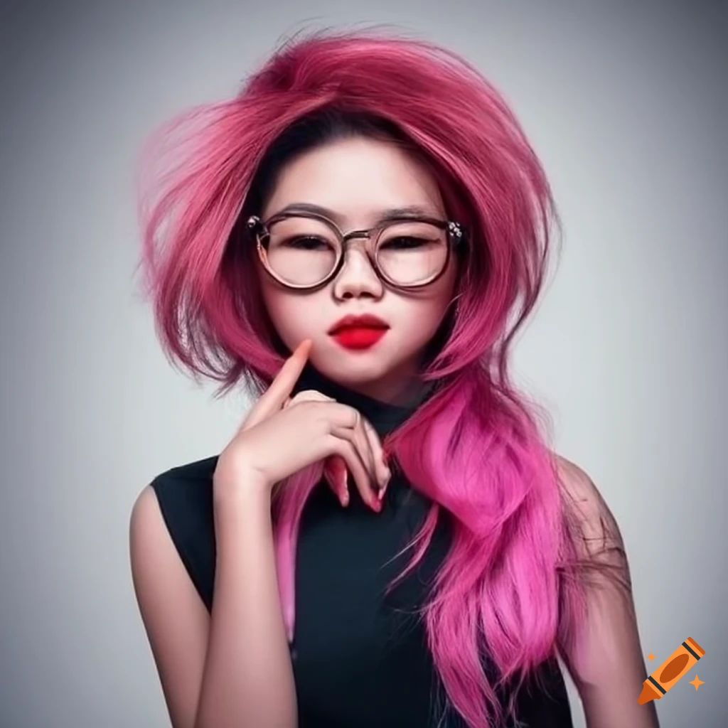 Stylish vietnamese woman with pink hair and glasses on Craiyon