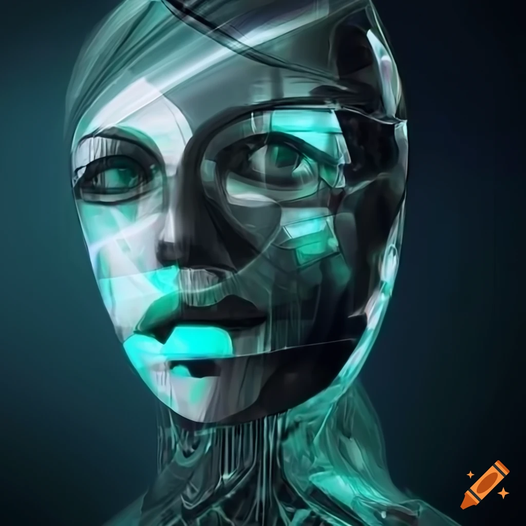 Transparent face with a solid spirit inside it in a futuristic setting ...