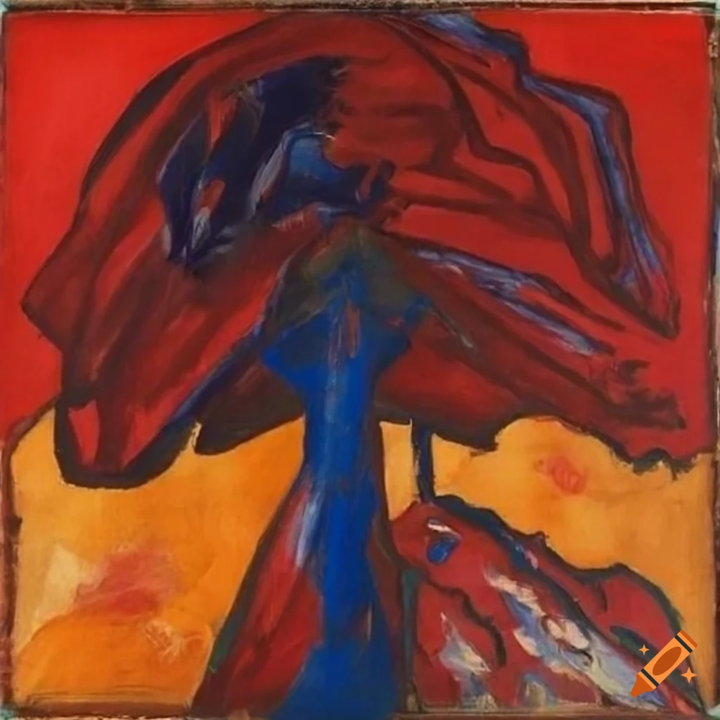 Proud dramatic trees landscape art in blue, sand, and wine red tones on ...