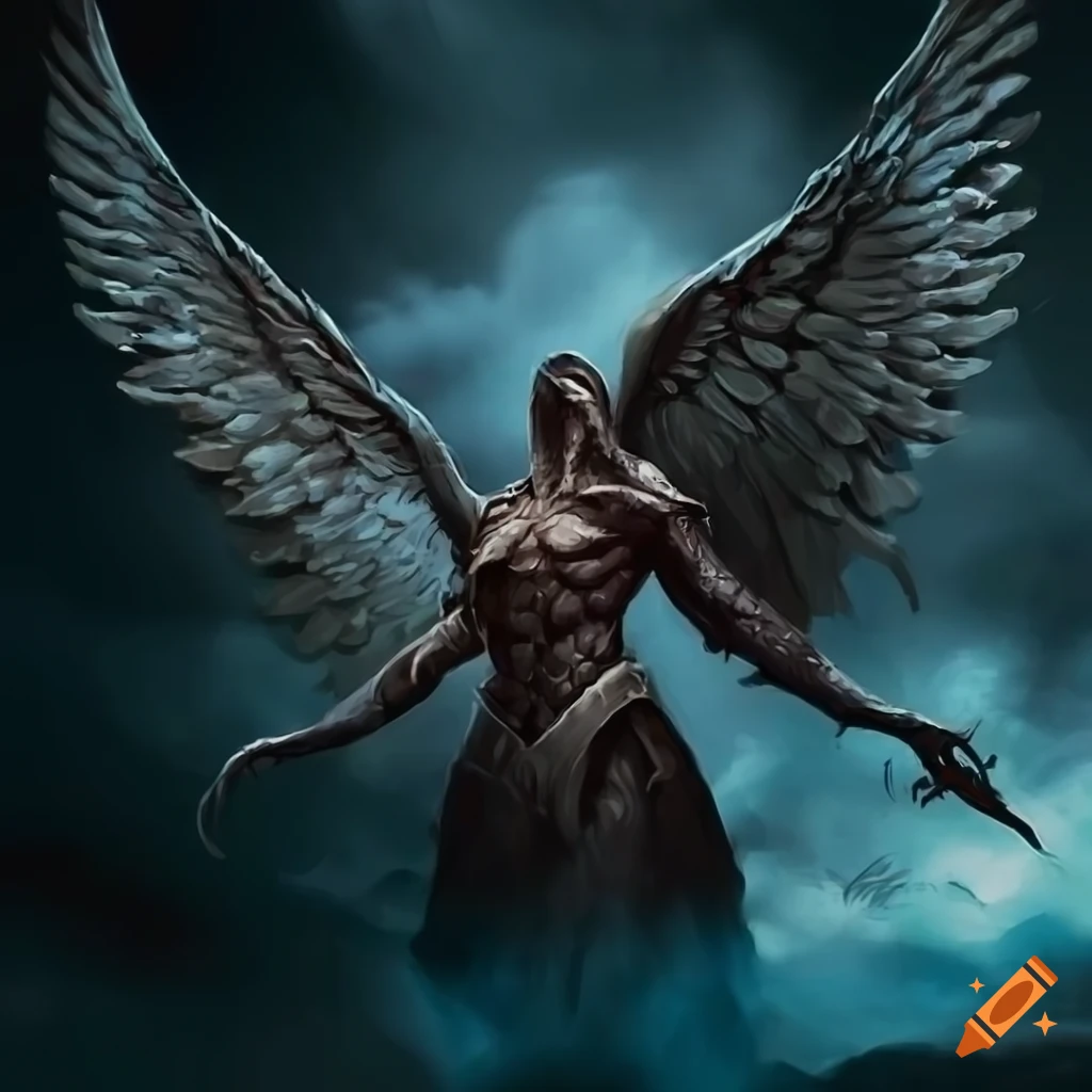 Decayed snake angel with bloody mouth and pointy teeth in magical ...