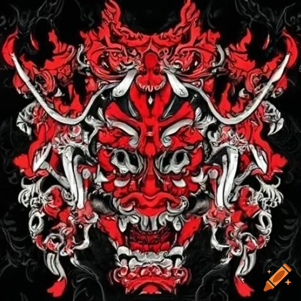 Japanese demon motif in red and black for armor or fabric design on Craiyon