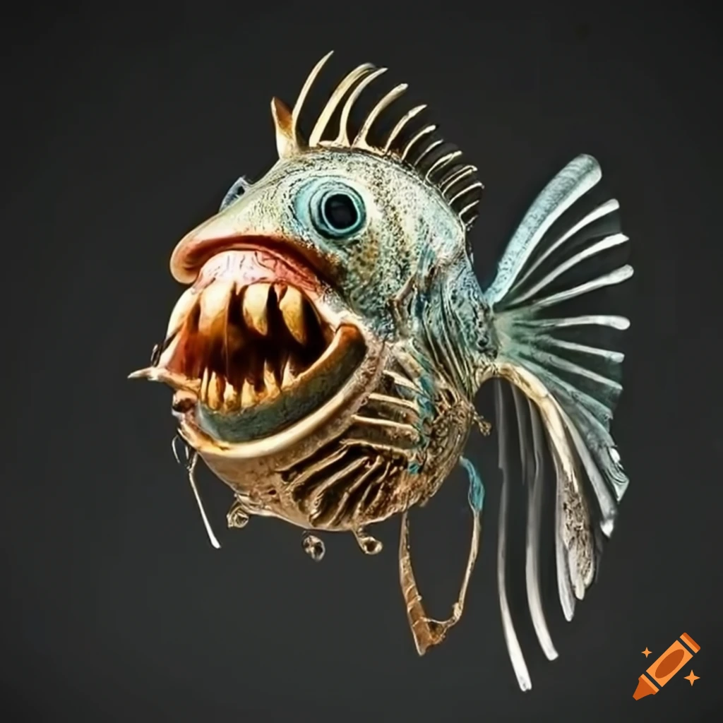 Mechanical fish with jagged teeth crafted from bronze, gold, and silver ...