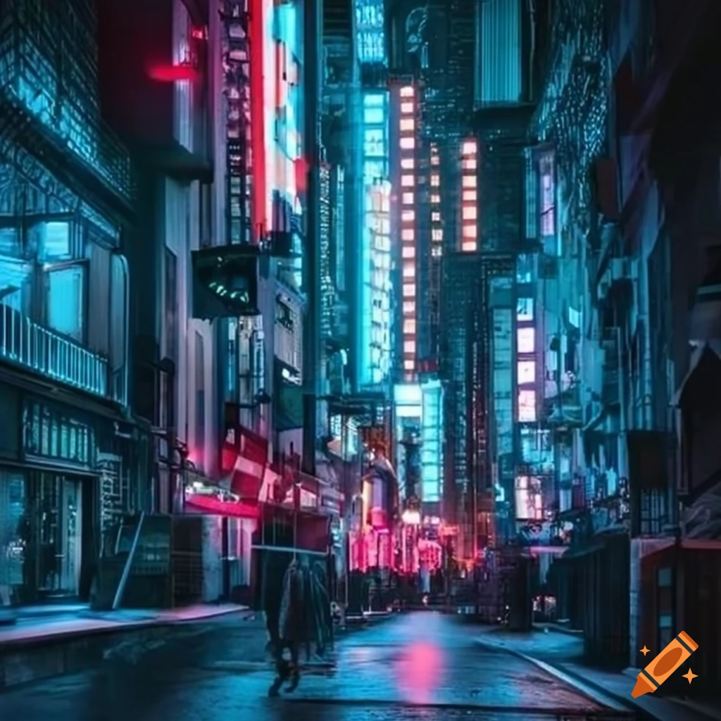 Gritty metropolis illuminated by neon lights with urban life on Craiyon