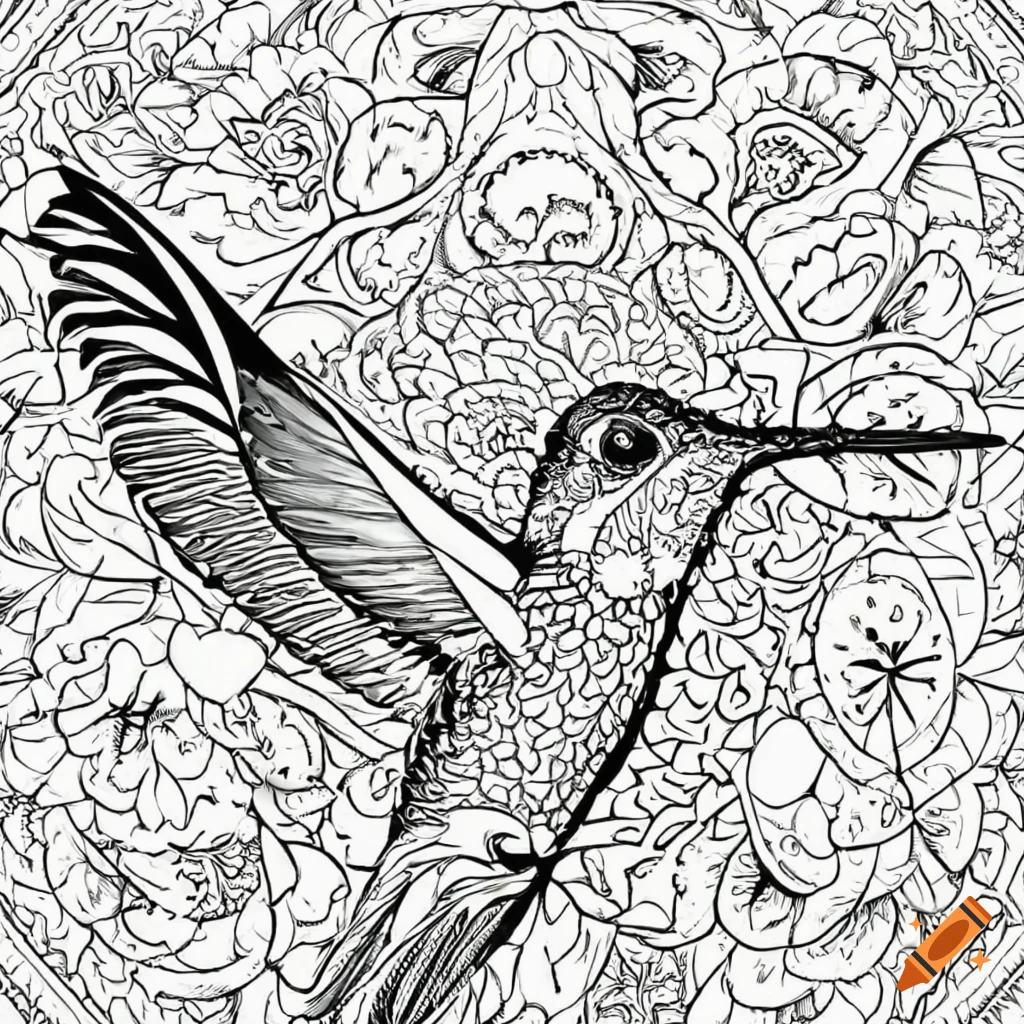 Black and white mandala hummingbird coloring page for adults on Craiyon