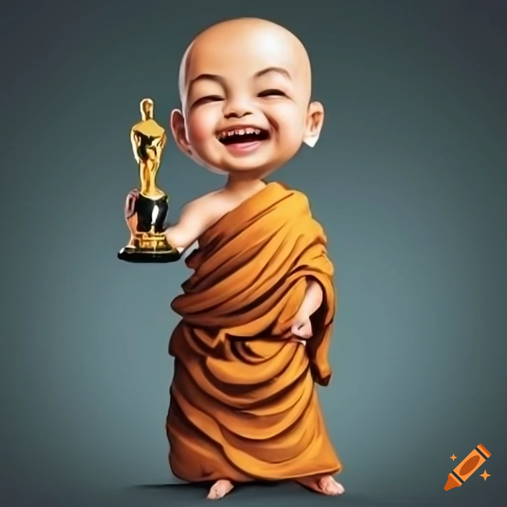 Zen Buddhist monk kid laughing with an oscar trophy on Craiyon