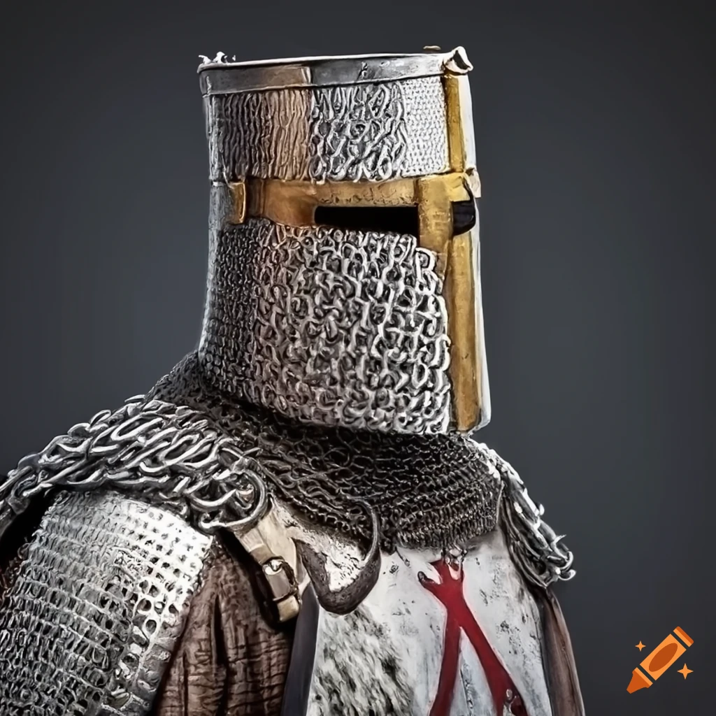 Crusader in heavy chainmail armor and metallic shoulder pads on Craiyon