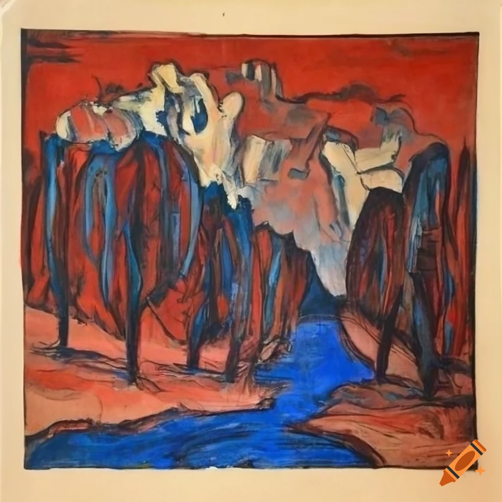 Proud dramatic trees landscape art in blue, sand, and wine red tones on ...