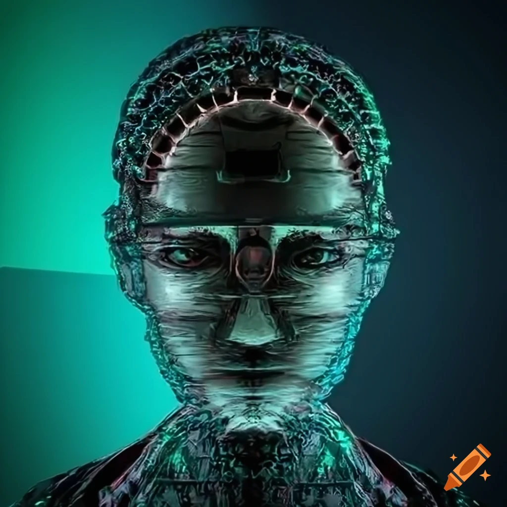 Futuristic transparent face with solid spirit inside and dark factory ...