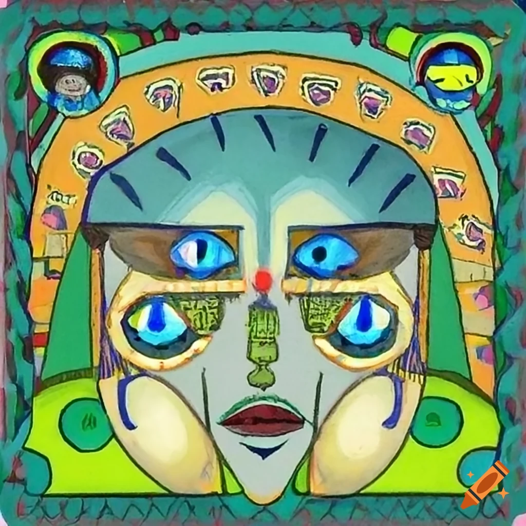 Tarot card matryoshka alien with anime eyes and African mask in ...