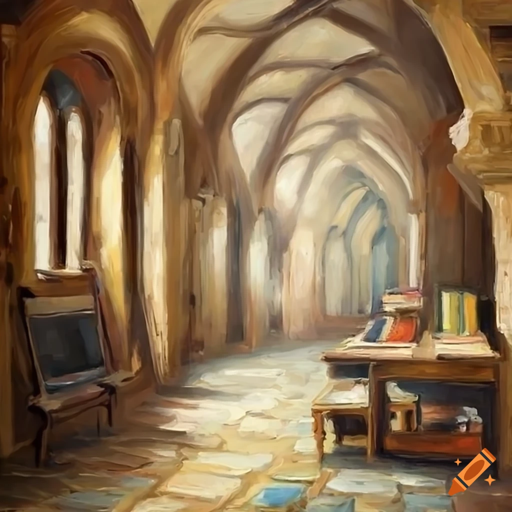 Abstract expressionistic oil painting of a medieval library with ...