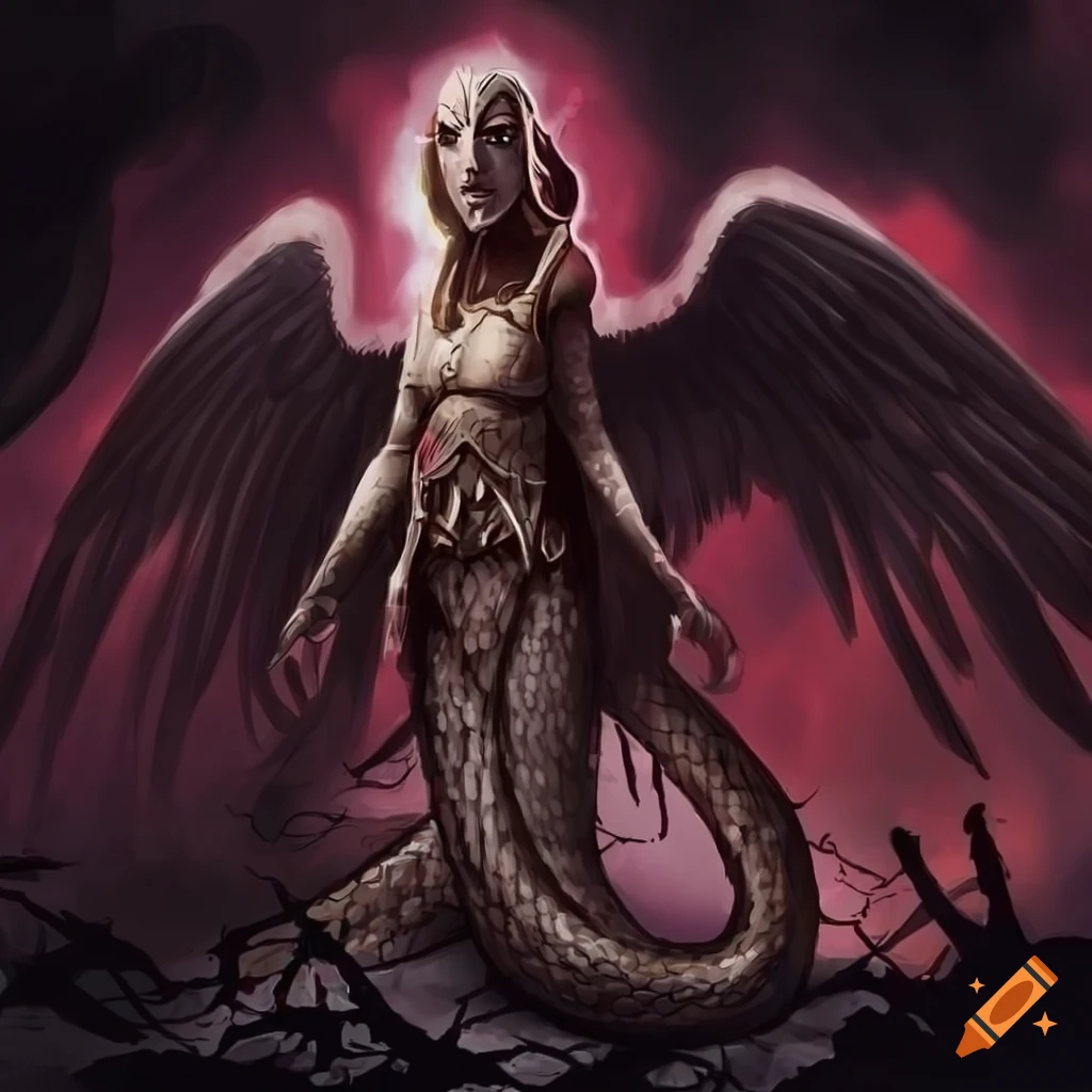 Decayed snake angel with bloody mouth and sharp teeth in a magical ...