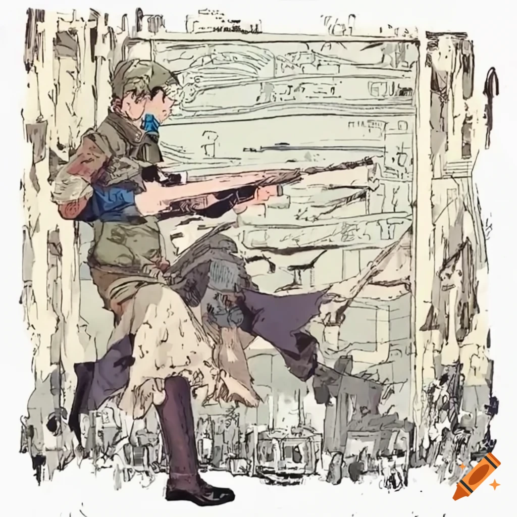 Man in war clothes running and shooting shotgun with comic book text ...