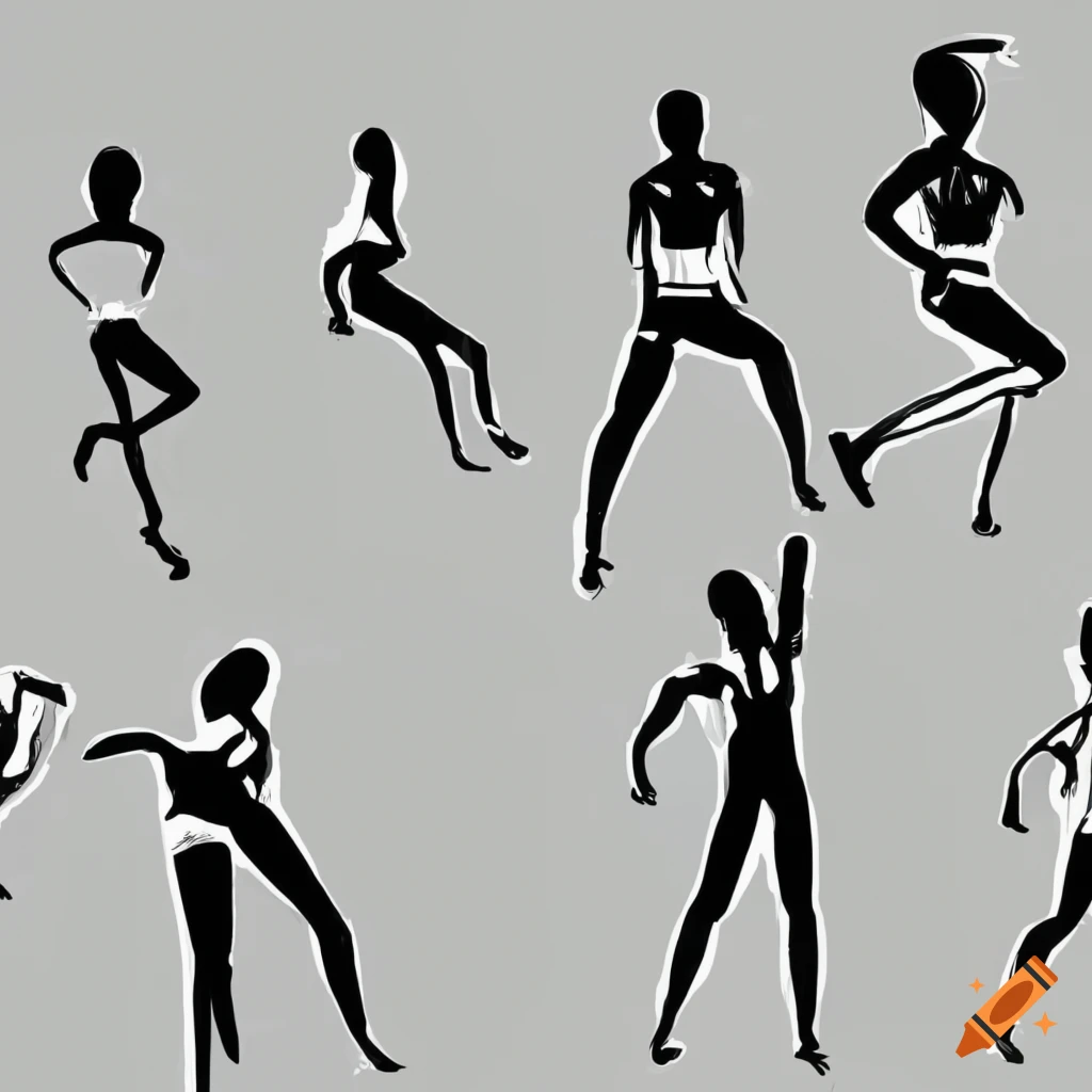 Minimalist black and white design of athletic stick figure women in gym ...
