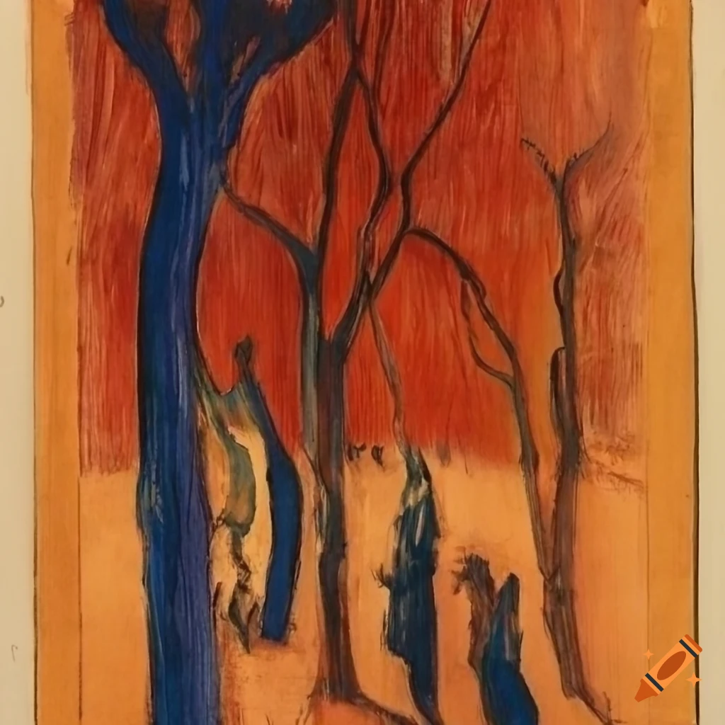 Proud dramatic trees landscape art in blue, sand, and wine red tones on ...