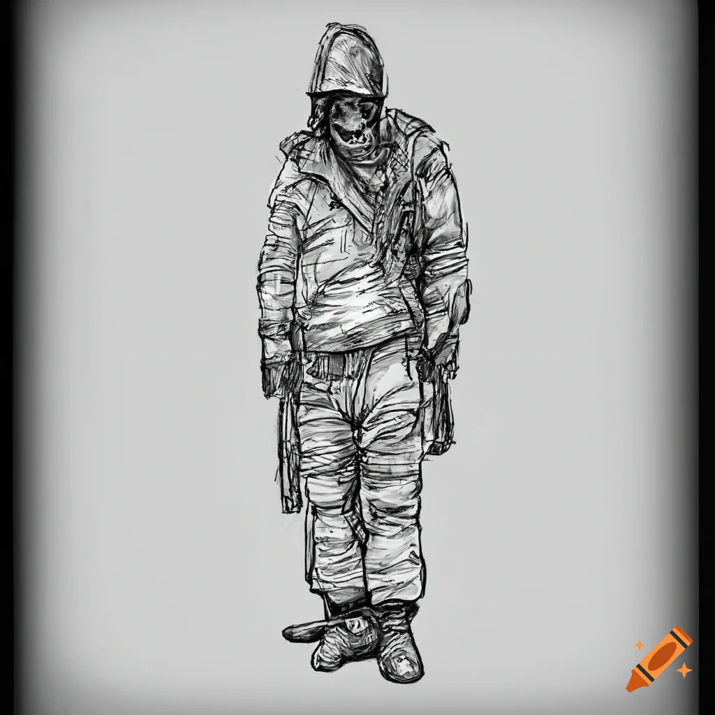 Man in post-apocalyptic clothing standing in a black and white pencil ...