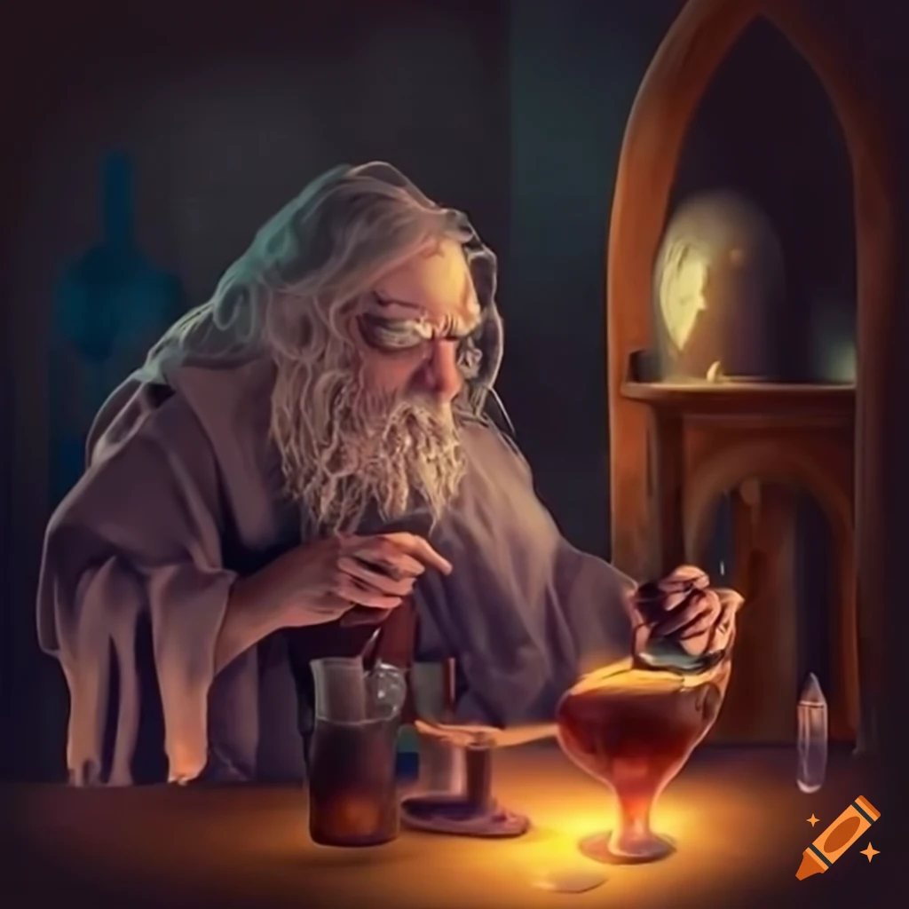 Enigmatic wizard brewing potion in a dimly lit laboratory on Craiyon