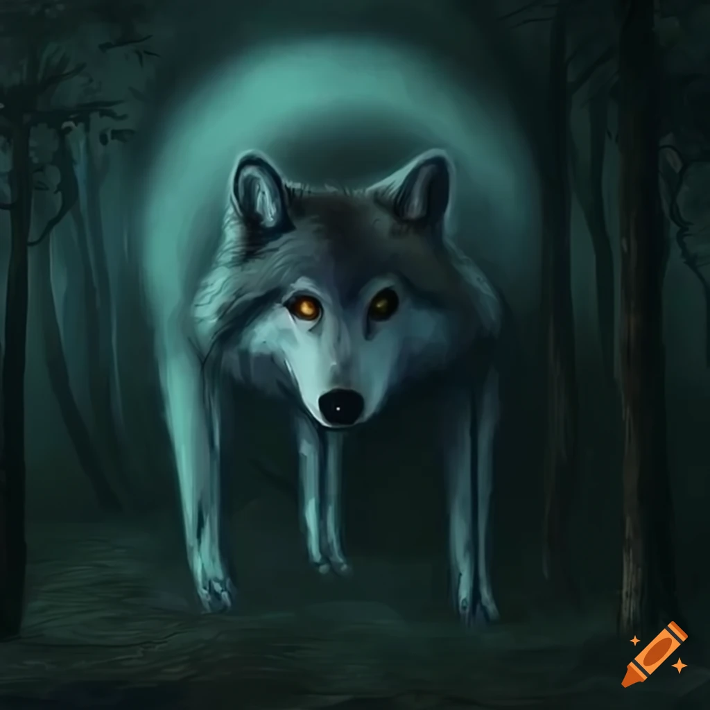 Wolf ghost in a haunted forest inspired by marc chagall's surreal style ...