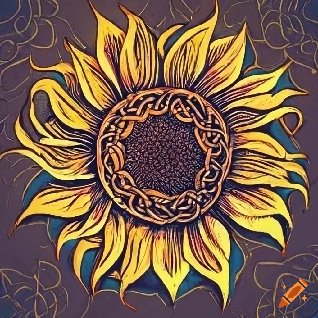 Detailed sunflower surrounded by yellow Celtic designs in woodcut style ...