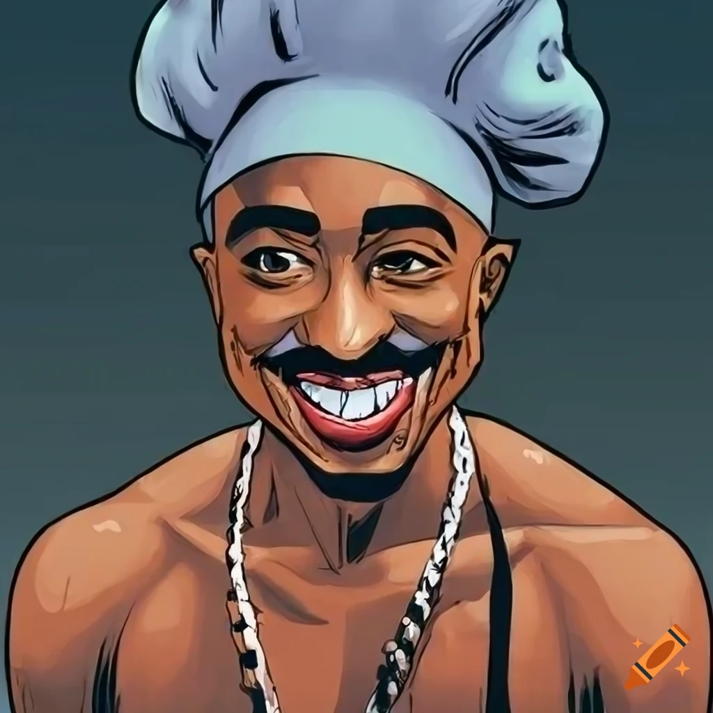 2pac smiling with a chef's hat and mustache in comic style on Craiyon
