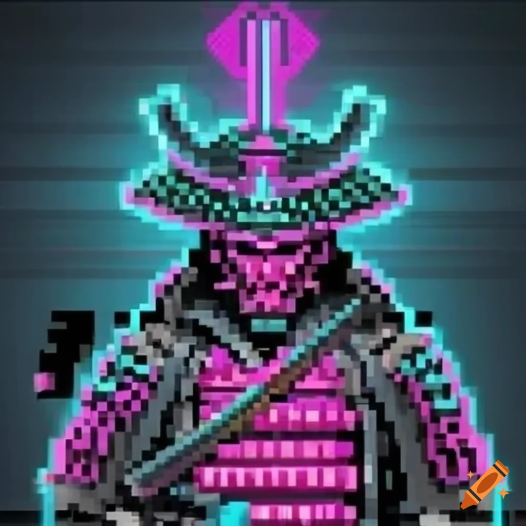 Pixel neon samurai profile wallpaper for YouTube channel on Craiyon