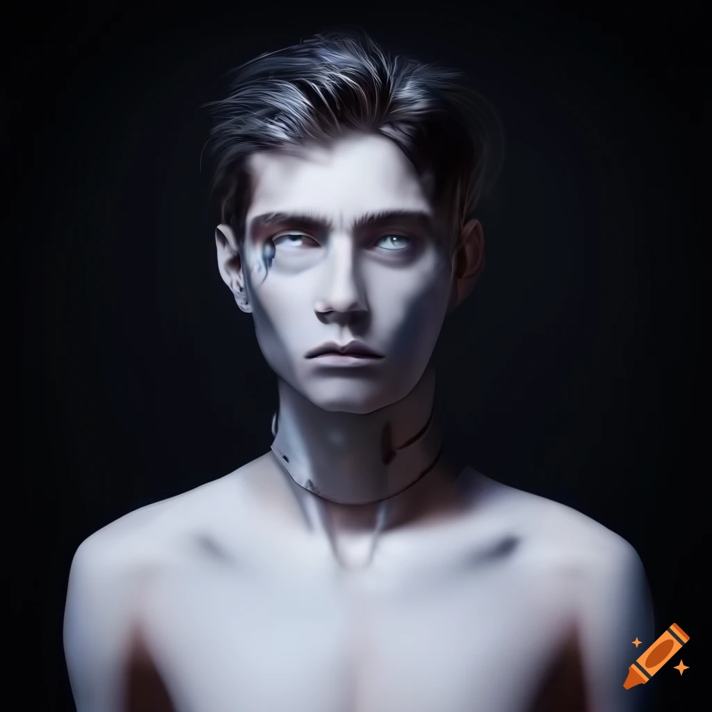 Photo-realistic male cyborg with exposed circuits covered in frost on ...