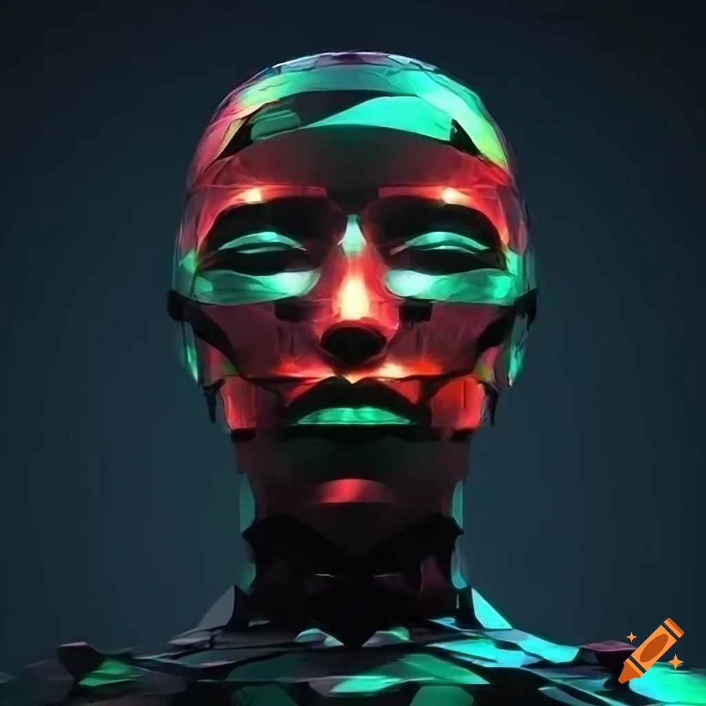 Futuristic transparent face with solid spirit inside, industrial ...