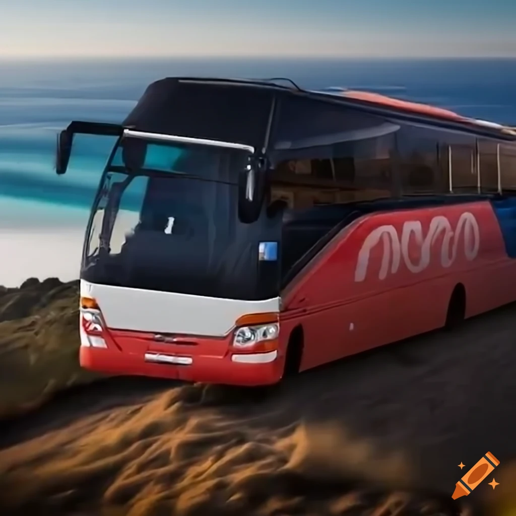 Coach bus driving on offroad hill by the sea on Craiyon