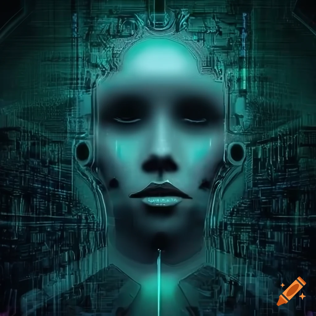 Futuristic transparent face with solid spirit inside and dark factory ...