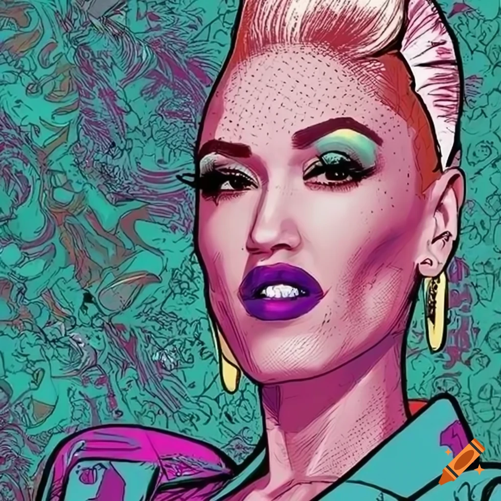 Vibrant comic book illustration of Gwen Stefani in pop art style on Craiyon